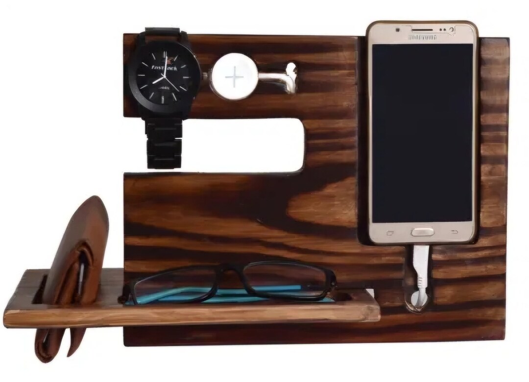 Wood Phone Docking Station Ash Desk Organizer Tablet Holder Key Hooks ...