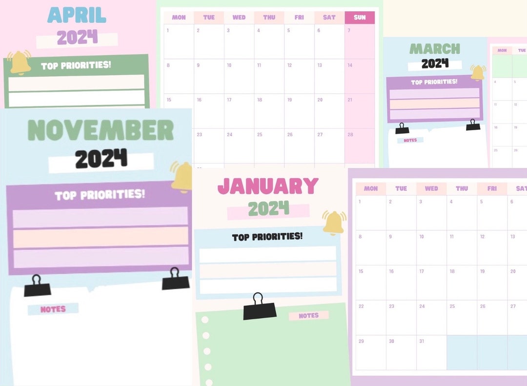 Printable Calendar, Pastel Calender, Printable Digital Download, Yearly ...