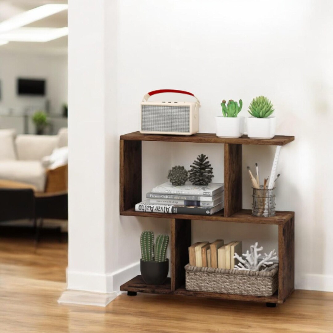 2 Tier Bookshelf, Freestanding Wood Bookcase, S Shaped Bookcase, Small ...