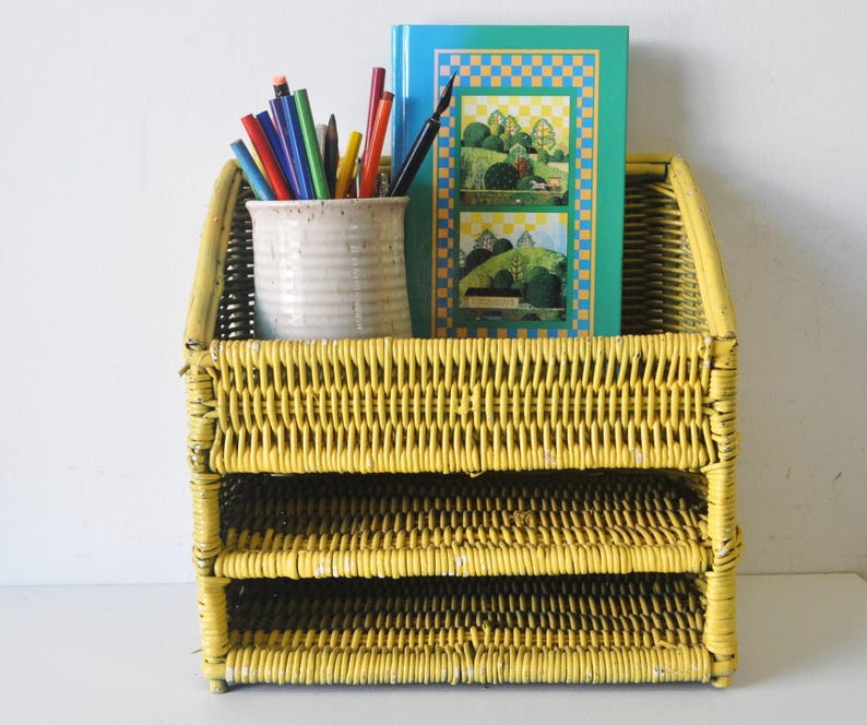 Vintage Wicker Rattan Yellow Shelf / Desk Organizer for Table or Wall ...