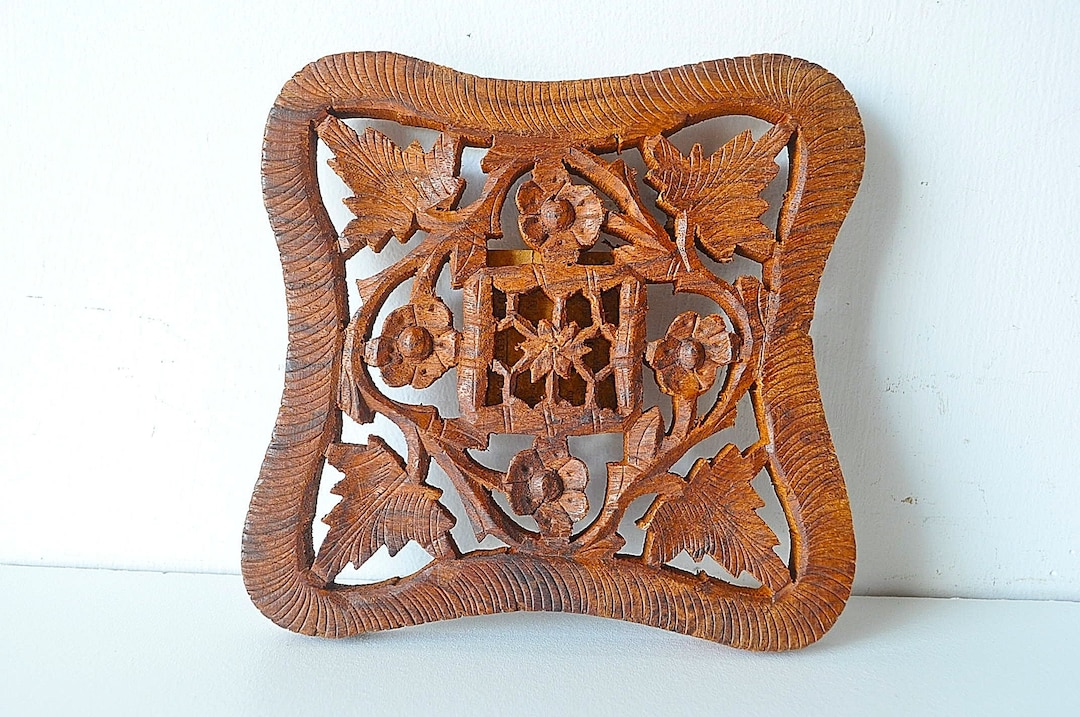 Vintage Handcarved Wood Teak Trivet Vintage Teak Trivet | Handcarved ...