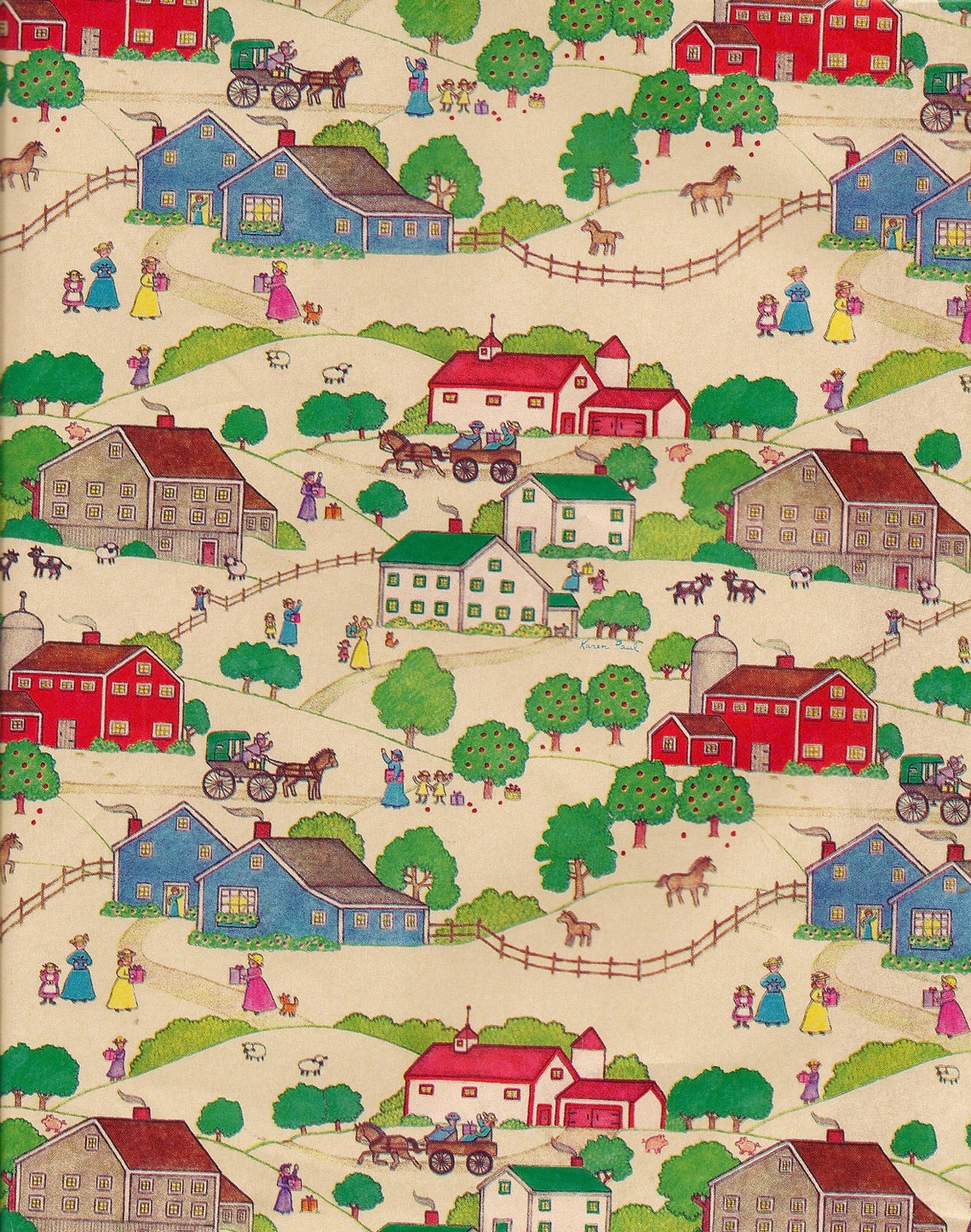 Vintage Wrapping Paper// 1950s Farmhouse Country Scene | Etsy