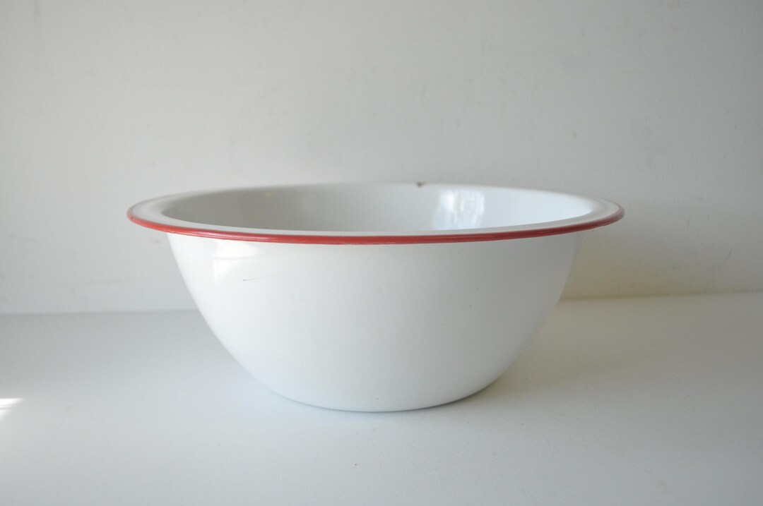 Large Vintage White Enamelware Basin, Red Rim Enamel Vegetable Bowl ...