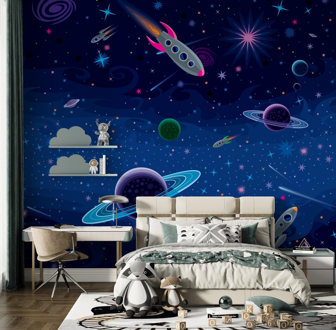 Outer Space Rocket Adventure Kids Wall Mural - Galaxy Theme Wallpaper ...
