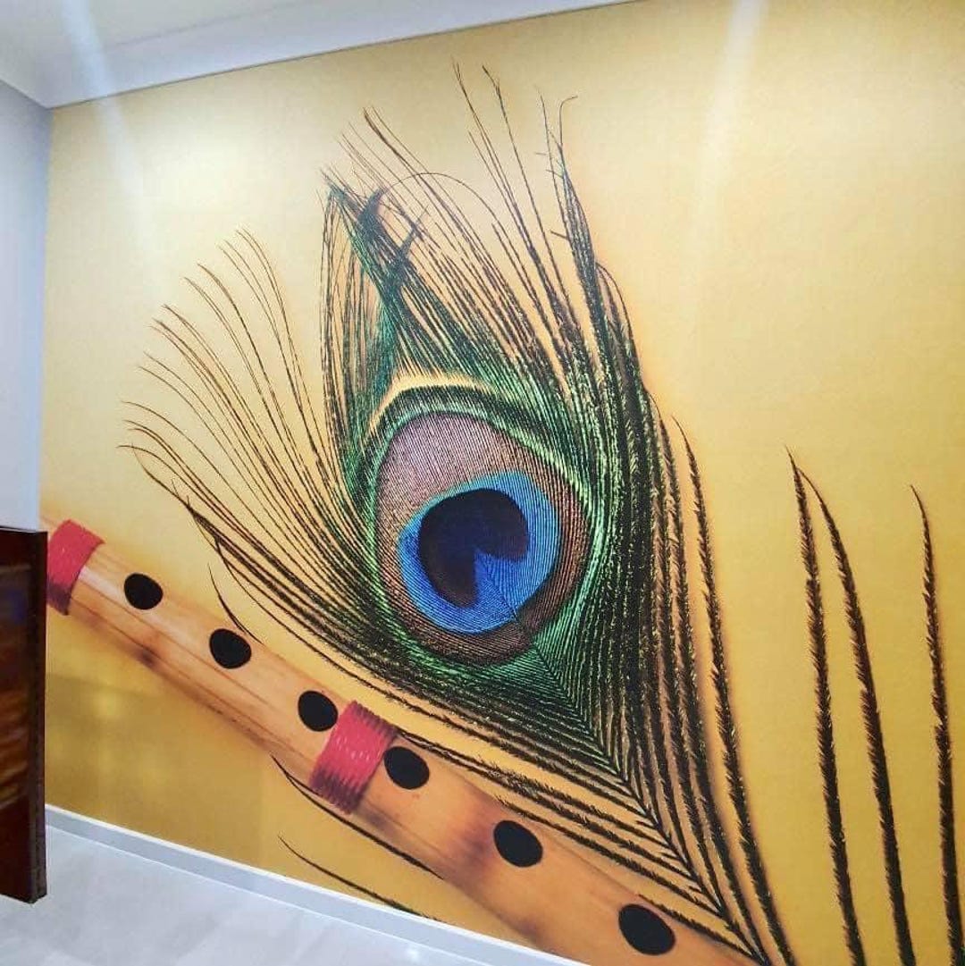 Krishna Feather Wallpaper With Flute Wall Mural Wallpaper for Prayer ...