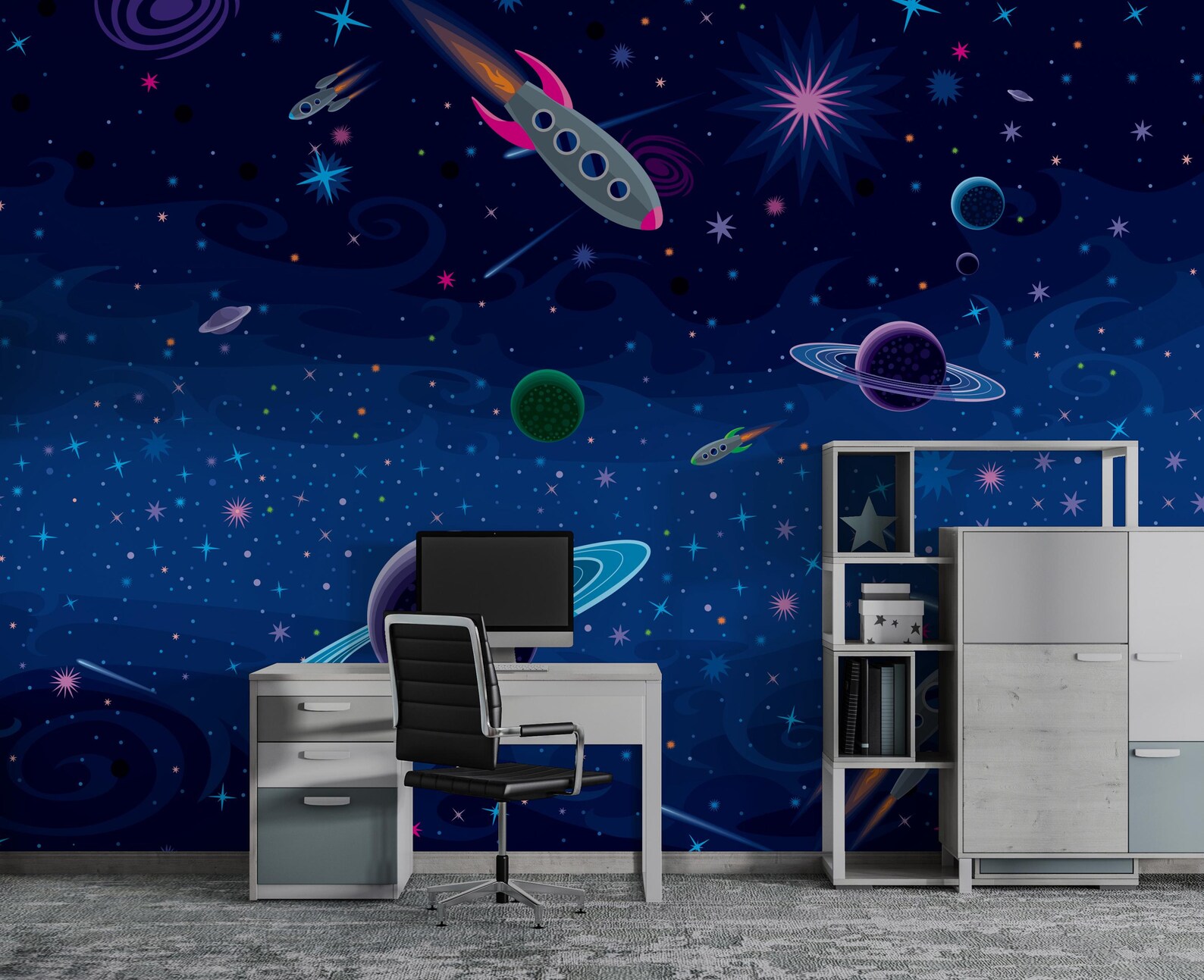 Outer Space Rocket Adventure Kids Wall Mural - Galaxy Theme Wallpaper ...