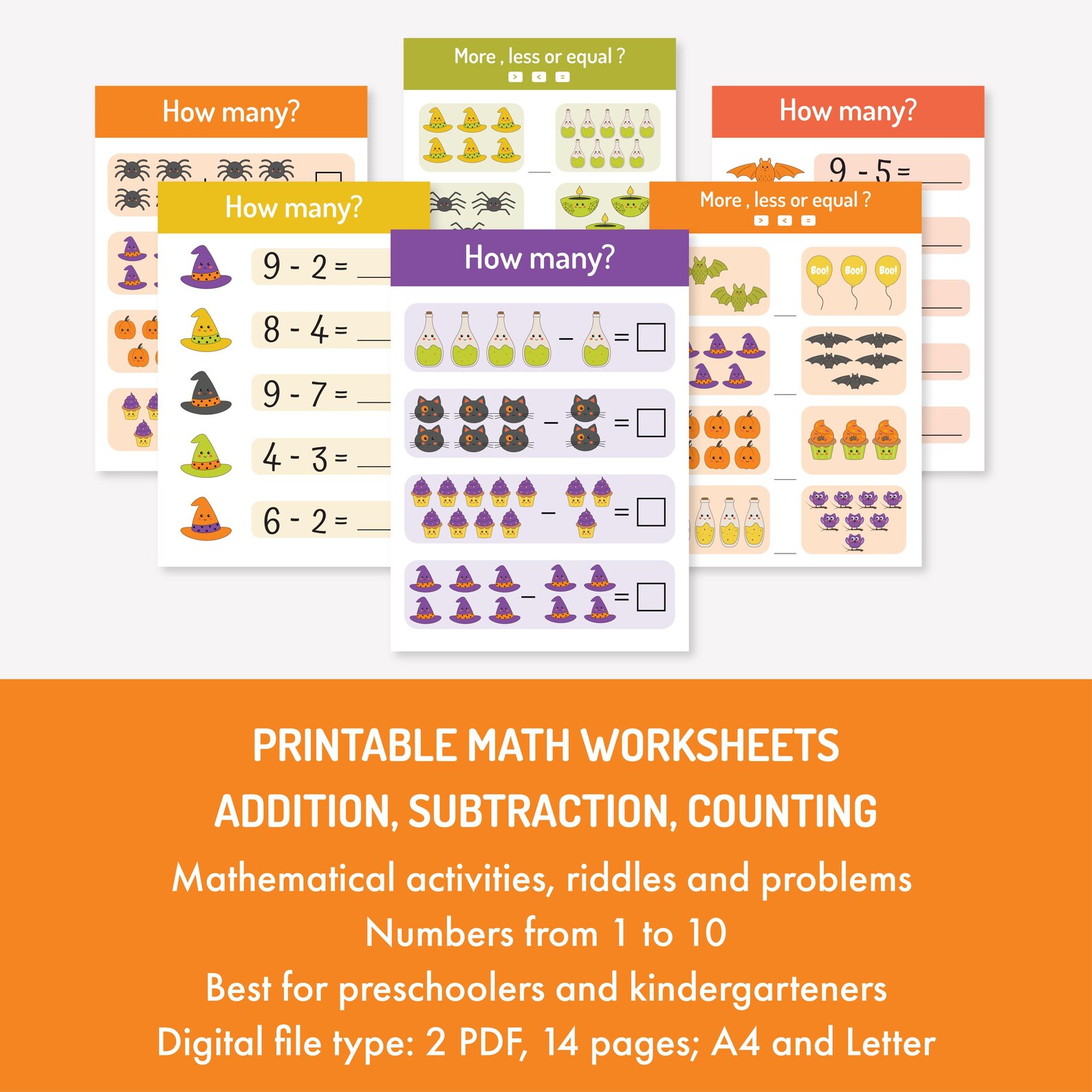 Halloween Math Worksheets for Kids. Halloween Math Bundle. Kindergarten ...