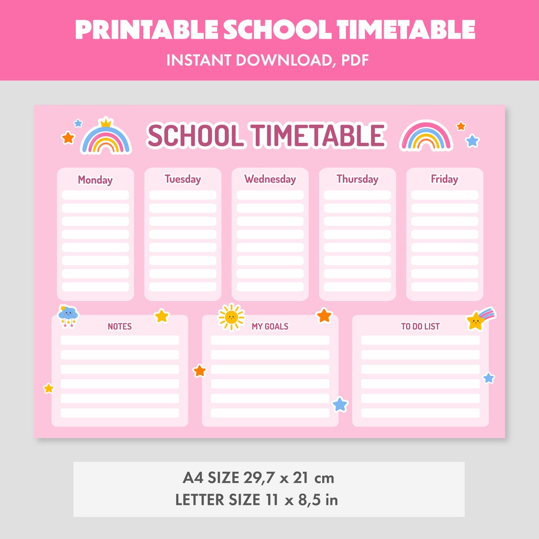 School Timetable With Rainbows. Printable School Schedule. School ...