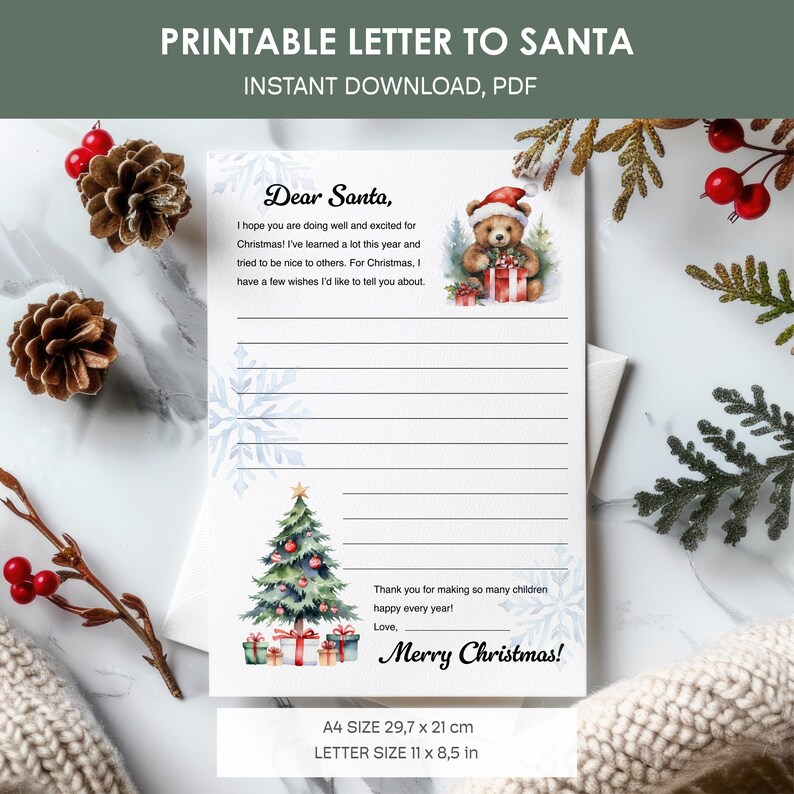 Letter to Santa Printable. Christmas Wish List. Dear Santa Letter. Kids ...