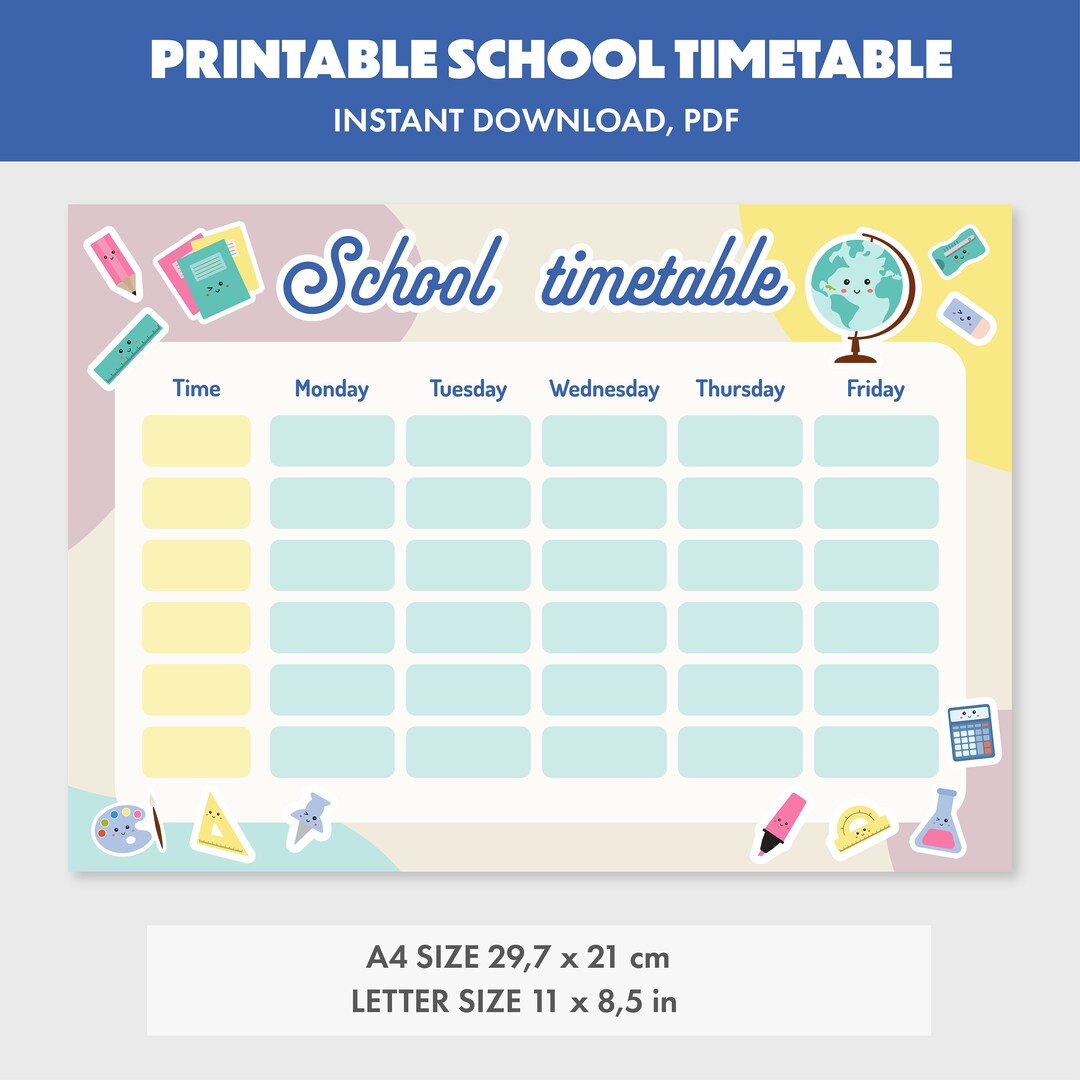 School Timetable. Printable School Schedule. School Planner. School ...