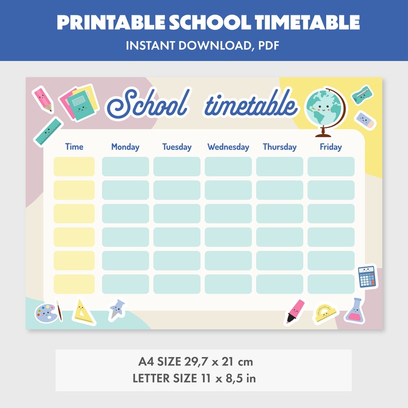School Timetable. Printable School Schedule. School Planner. School ...
