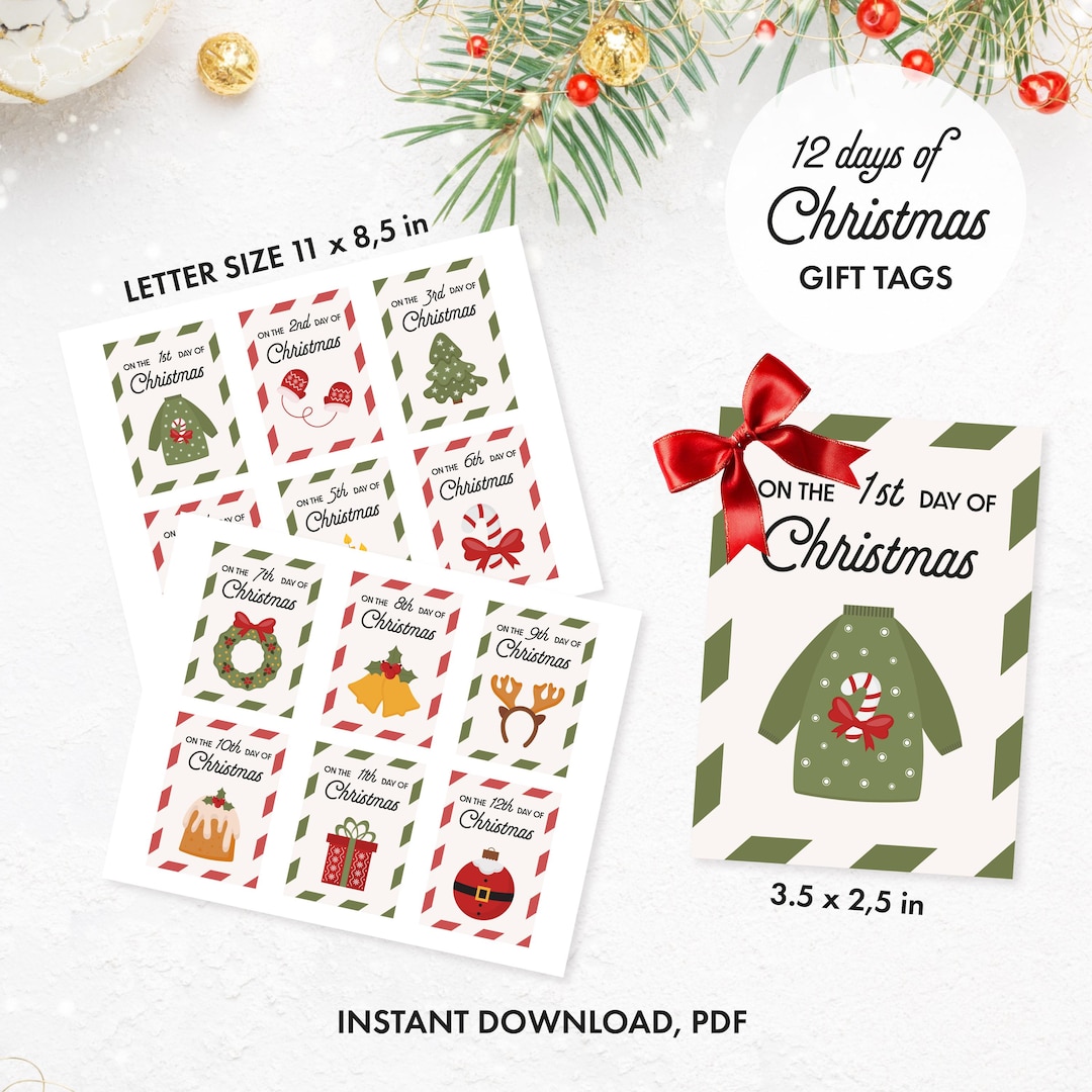 Etiquetas imprimibles de los 12 días de Navidad. Etiquetas navideñas ...