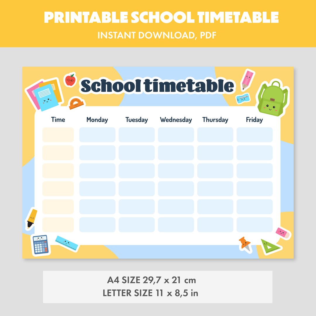 School Timetable for Kids. Printable Weekly Class Schedule. Printable ...