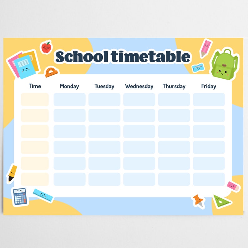 School Timetable for Kids. Printable Weekly Class Schedule. Printable ...