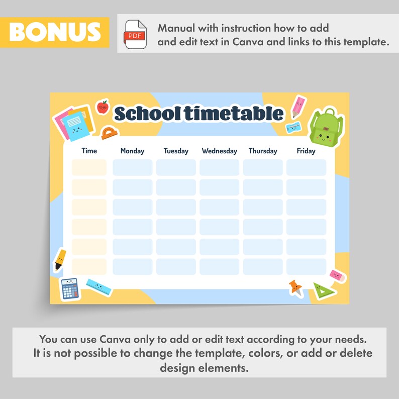 School Timetable for Kids. Printable Weekly Class Schedule. Printable ...