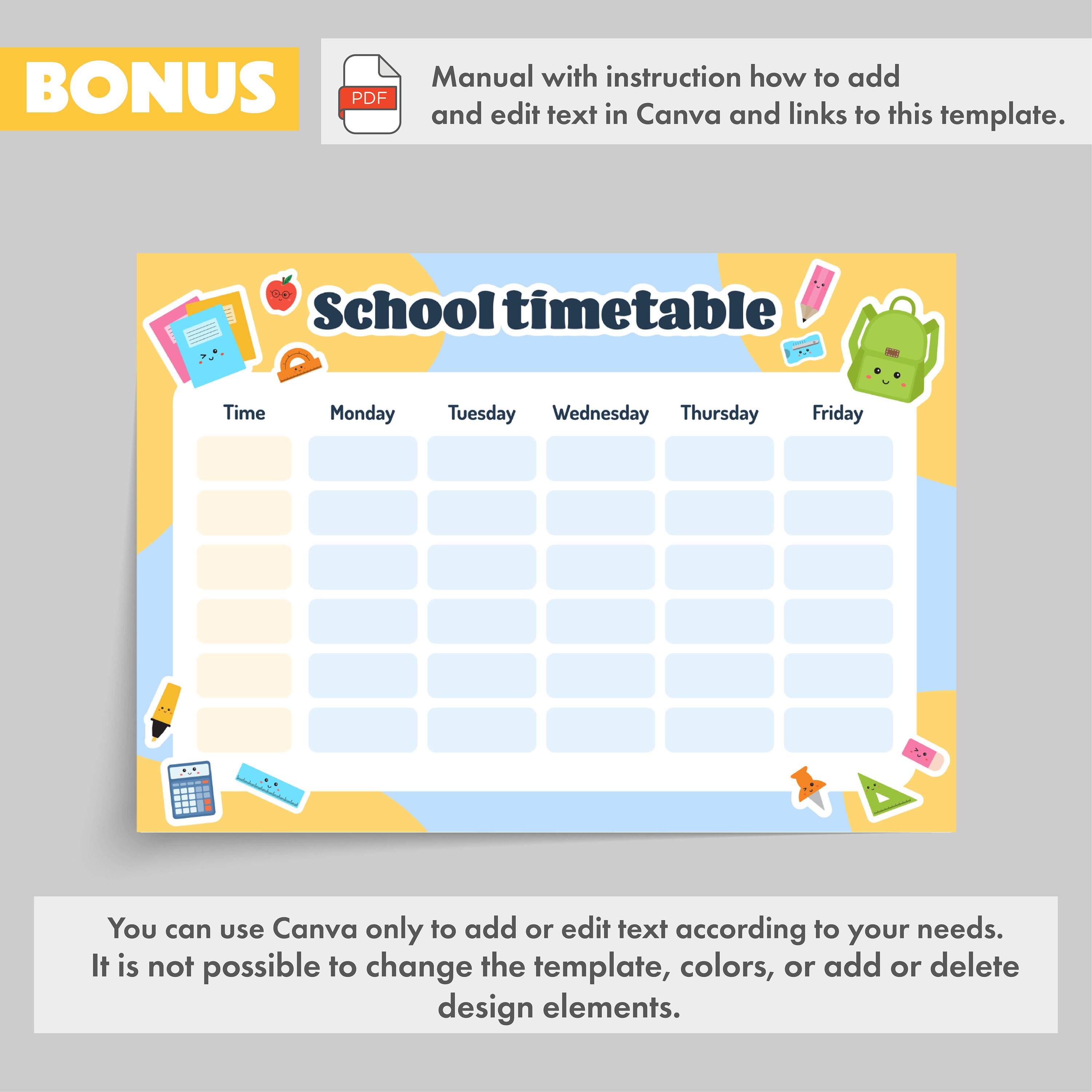 School Timetable for Kids. Printable Weekly Class Schedule. Printable ...
