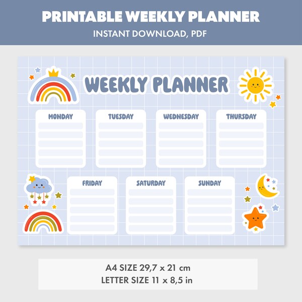 Printable Weekly Planner With Rainbows for Kids. Weekly Routine for ...