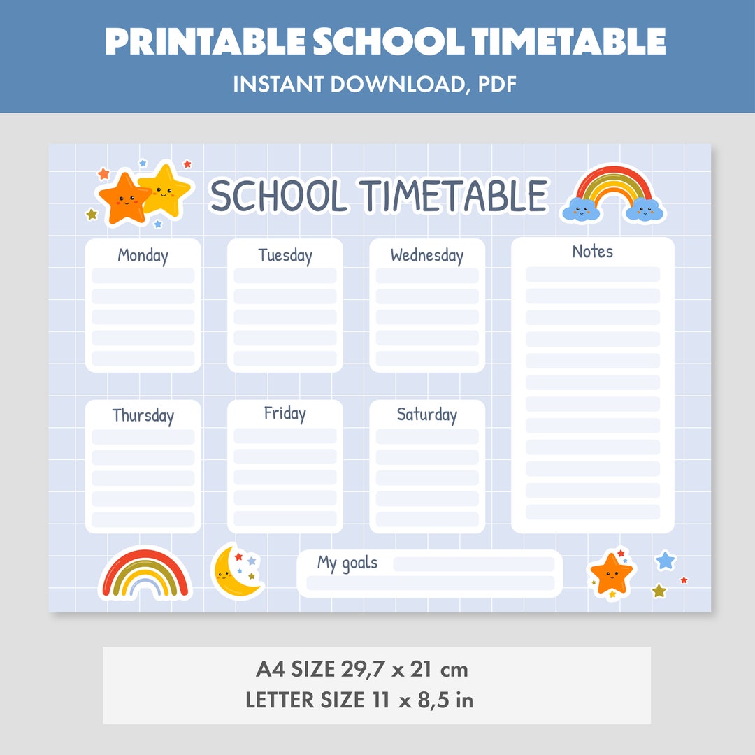 Printable School Timetable. School Schedule With Rainbows. Lesson Plan ...