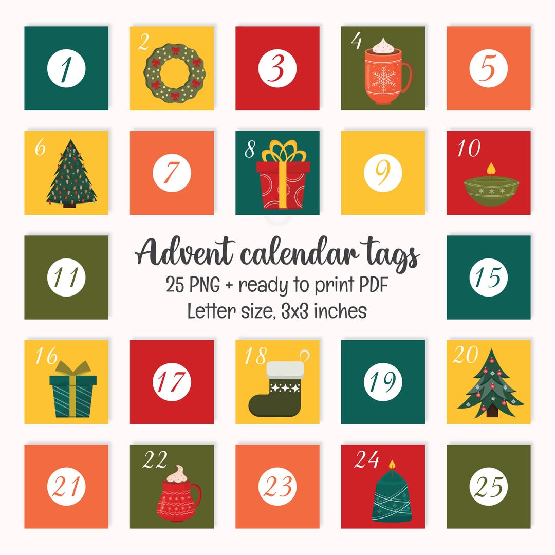Christmas Advent Calendar. Printable Advent Stickers, Tags. Christmas ...