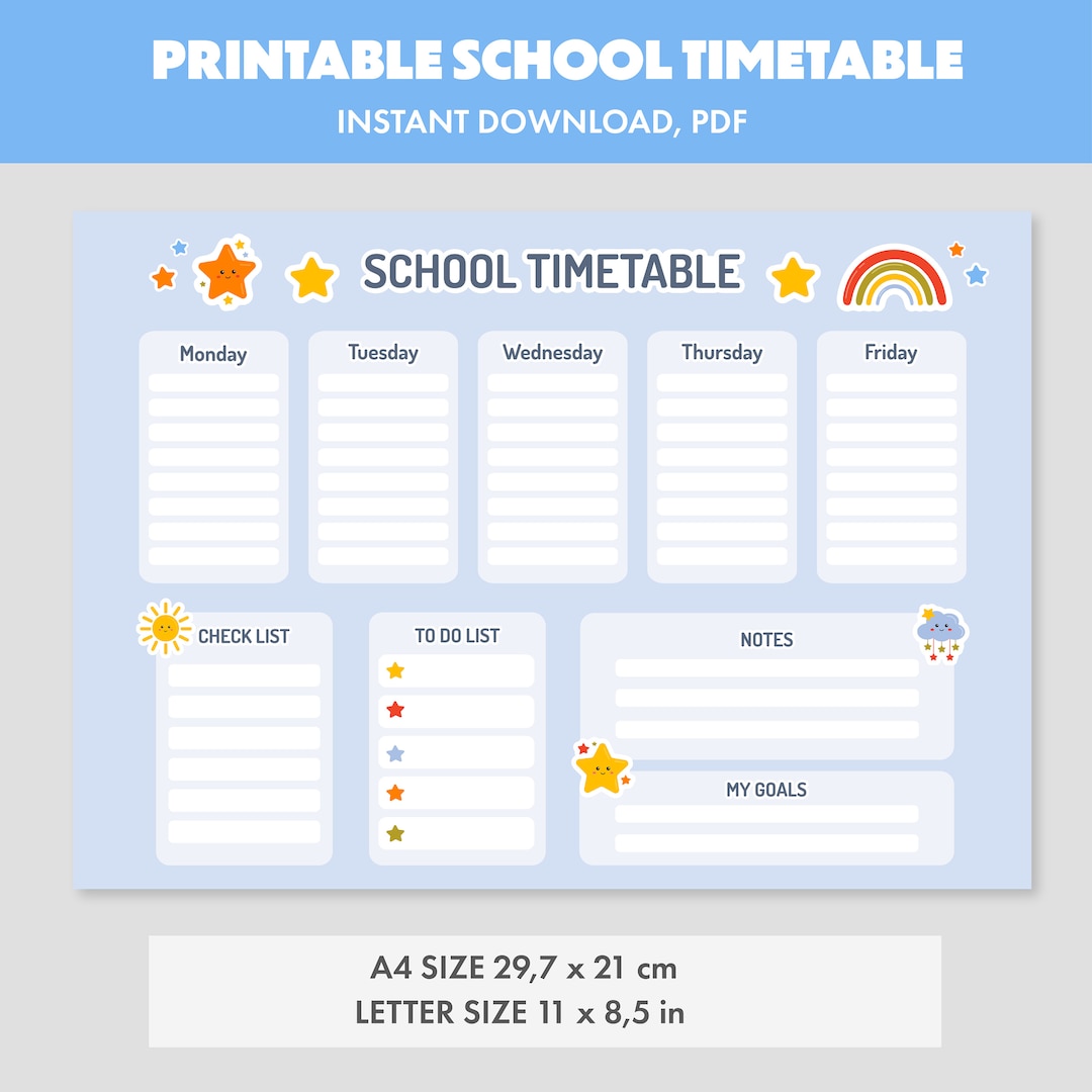 School Timetable. Printable School Schedule. School Planner. School ...