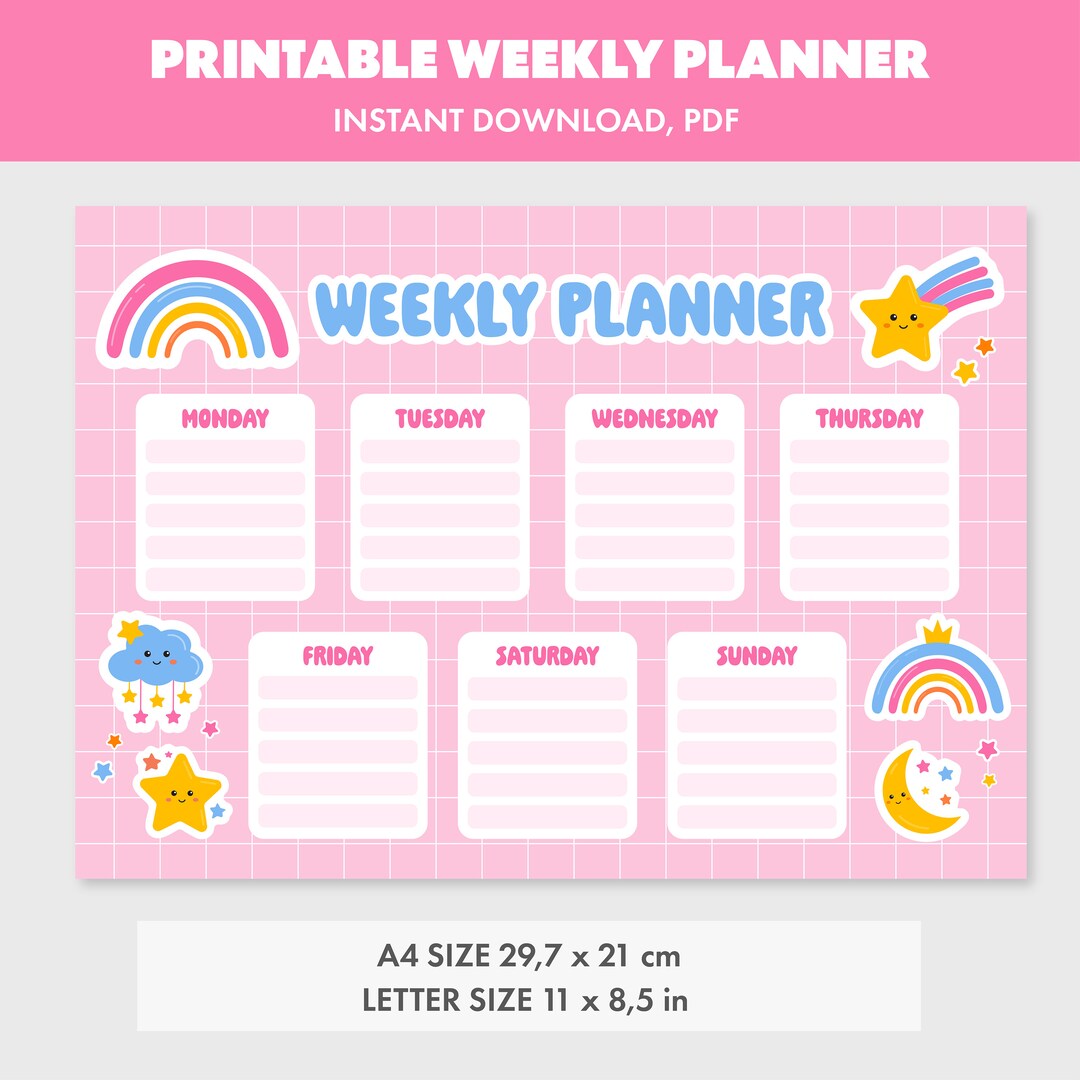 Printable Weekly Planner With Rainbows for Kids. Weekly Routine for ...