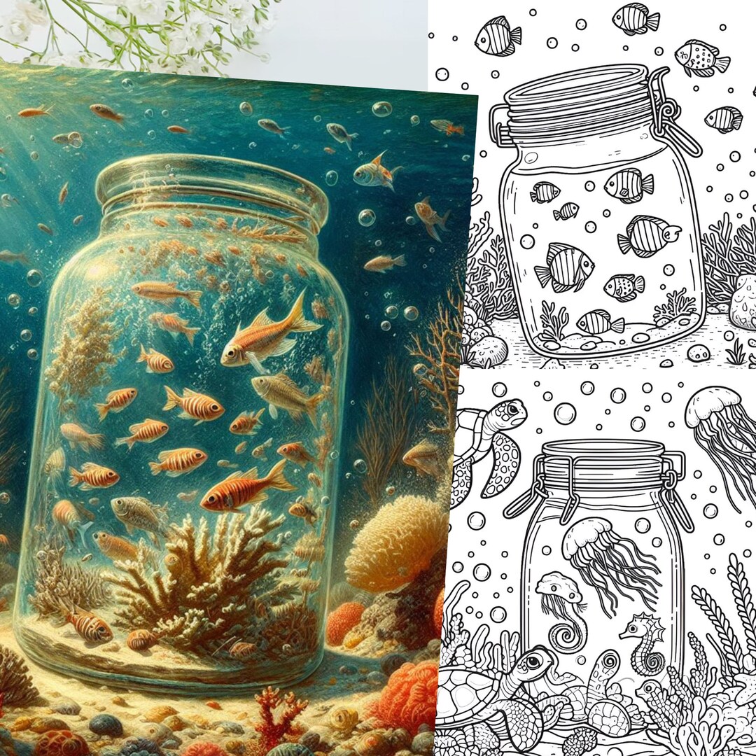 46 Underwater Life Jar Coloring Pages, Ocean Jar Coloring Book, Ocean ...