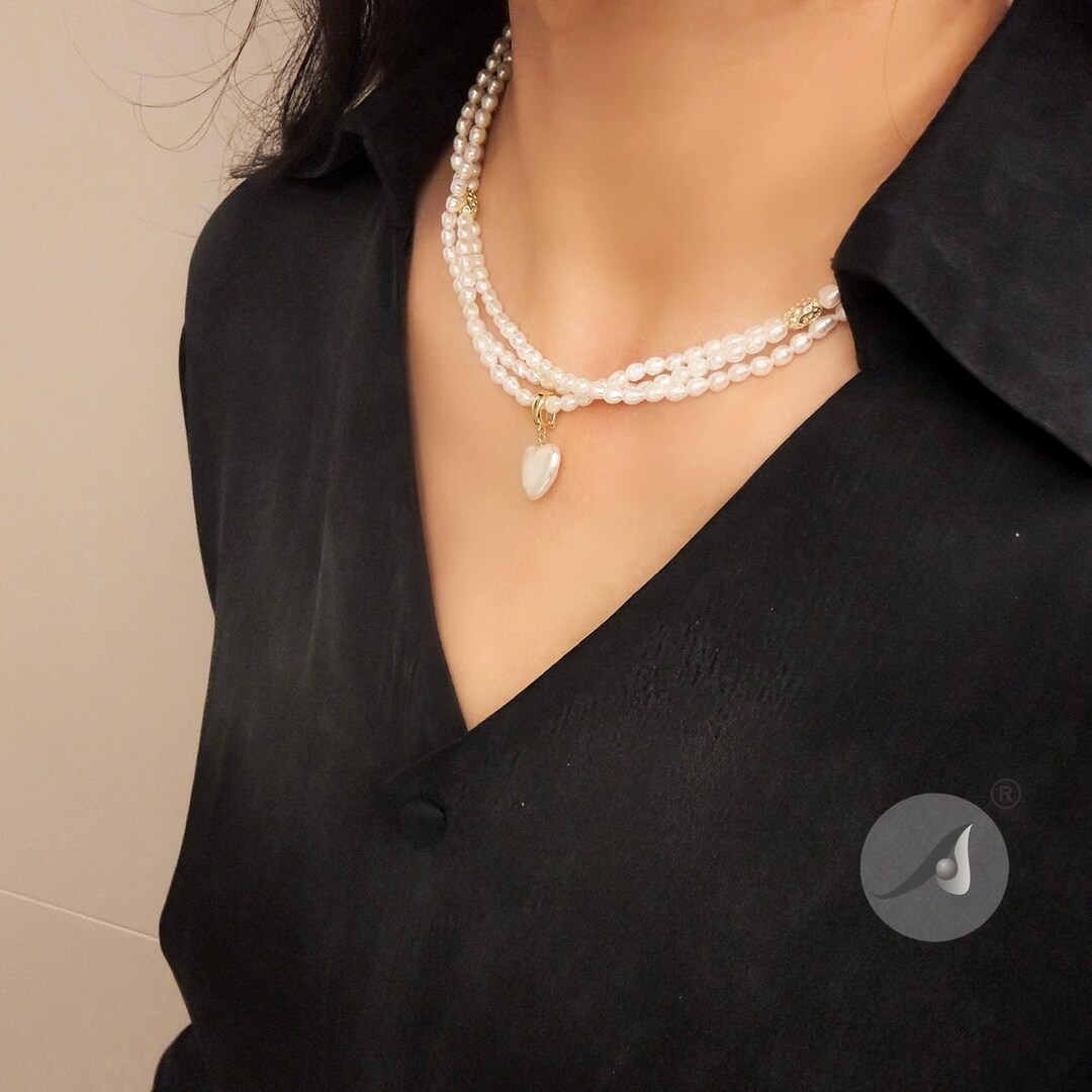 Three-layer Small Pearl Necklace With a Heart-shaped Pearl Pendant ...