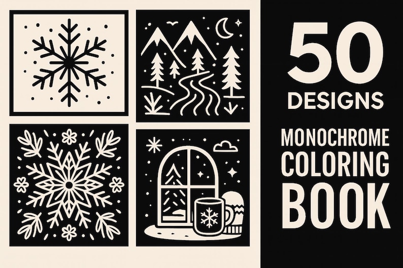Winter Monochrome Coloring Book | Printable Black and White Coloring ...