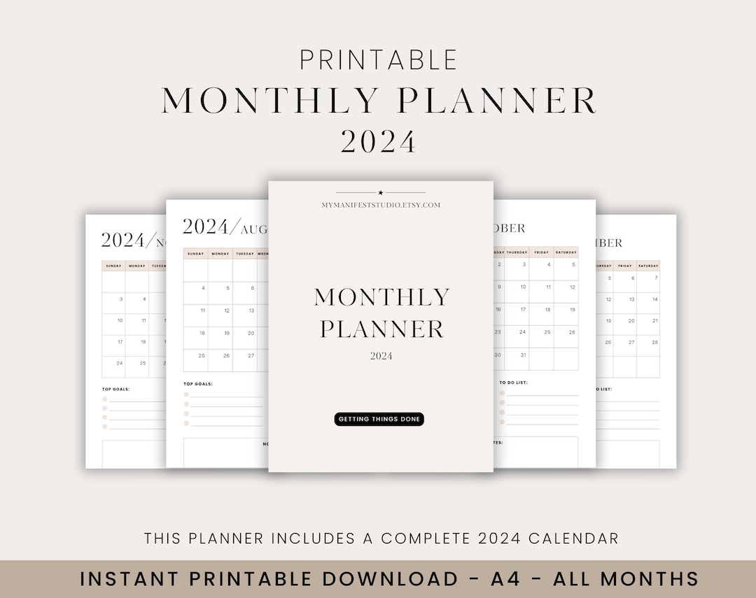Printable Monthly Planner, Complete 2024 Calendar, A4 Size, Instant ...