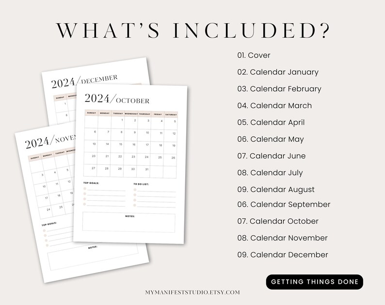 Printable Monthly Planner, Complete 2024 Calendar, A4 Size, Instant ...