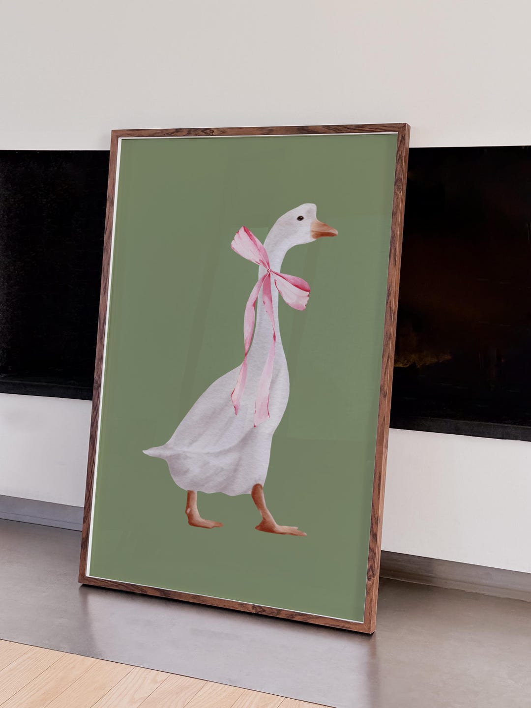 Whimsical Goose With Bow on Light Green Background Art Print, Preppy ...