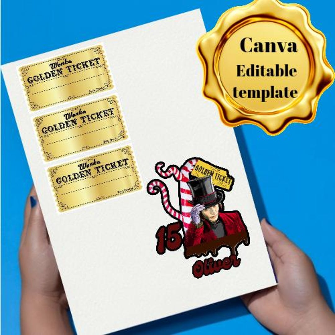 Willy Wonka Cake Topper, Golden Ticket Invitation, Personalized, Canva ...