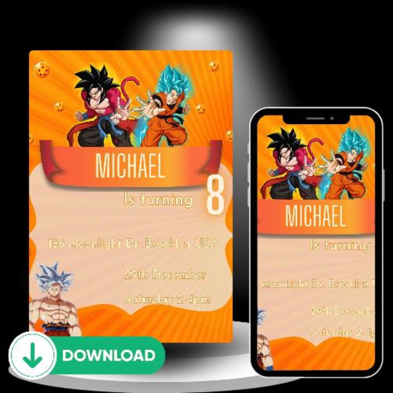 Goku & Dragon Balls Themed Invitation Card, Fun Digital Party Card ...