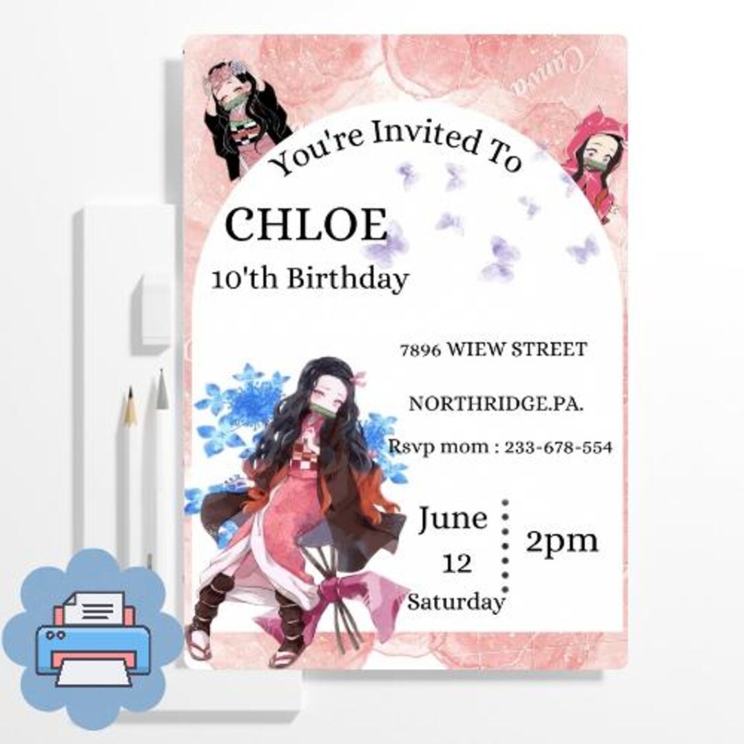 Cute Girl Nezuko Themed, Birthday Invitation, Custom Digital Download ...