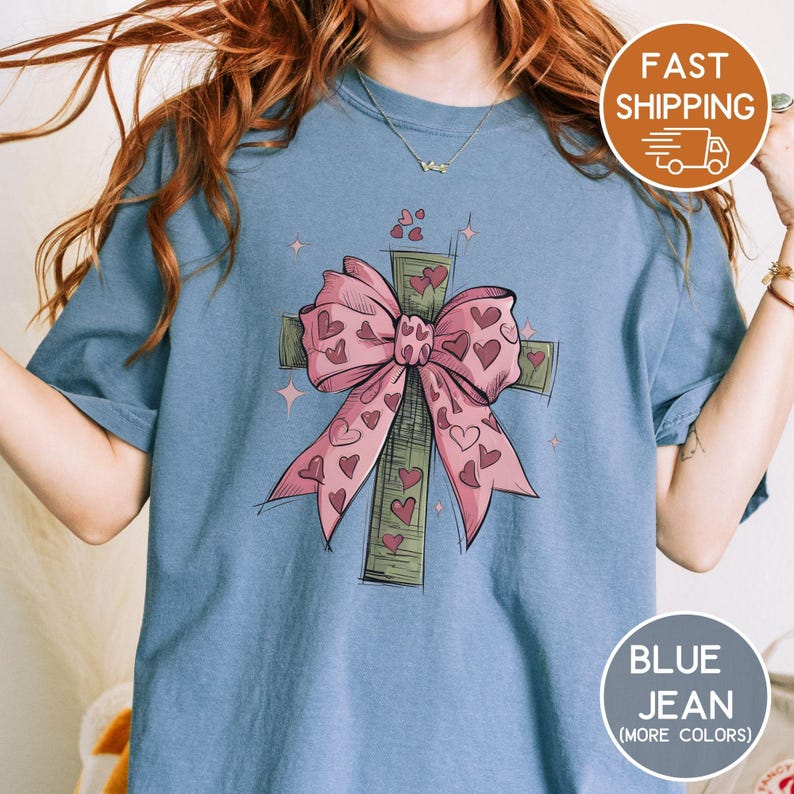 Valentine Chistian Shirt, Bow on Jesus Cross, Comfort Colors Shirt ...