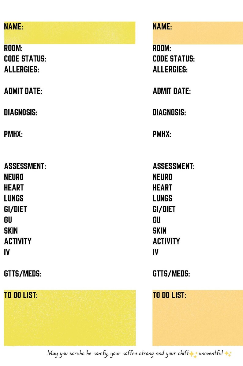 SIMPLE NURSING REPORT Sheet 4-8 Patients Med-surg / Critical Care ...