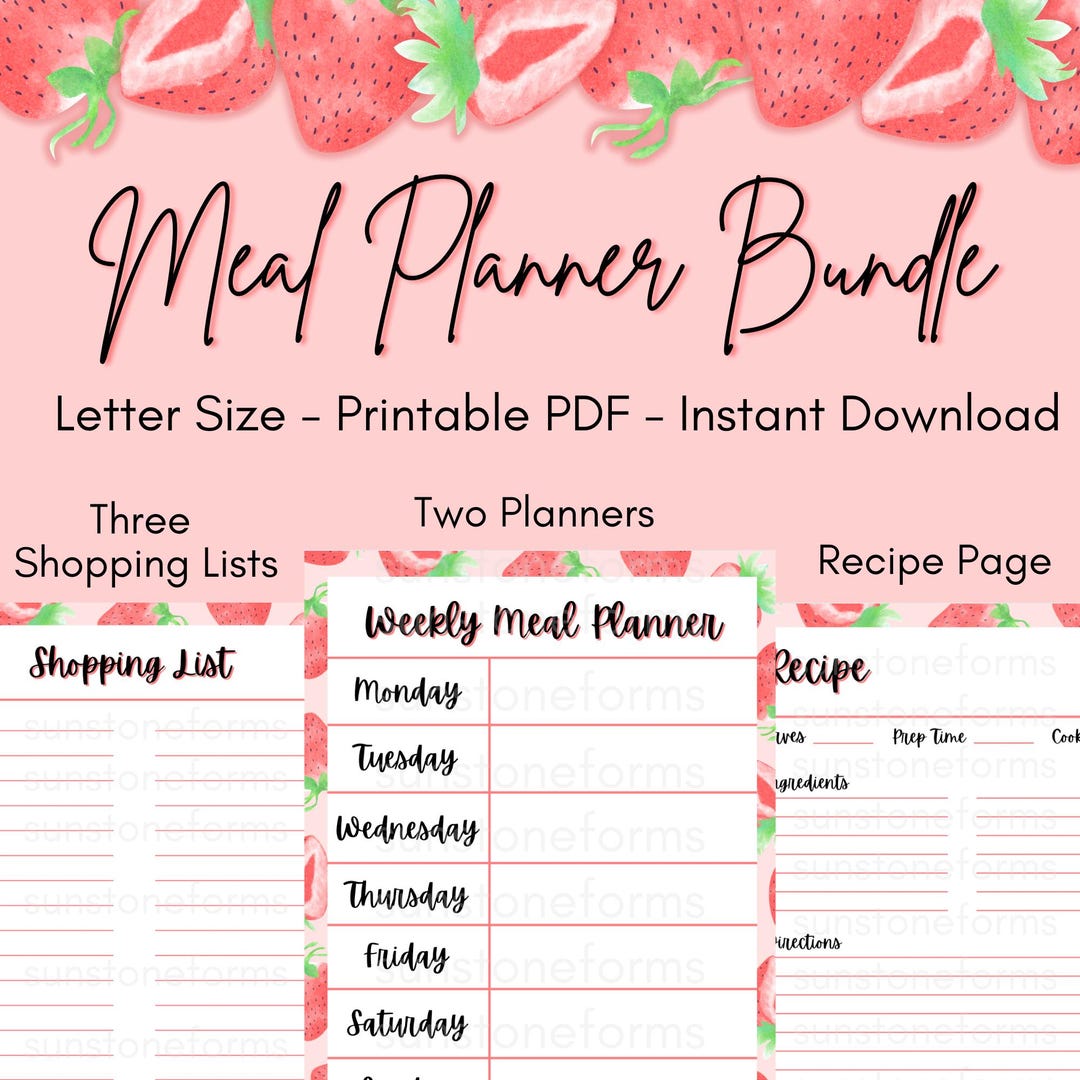 Strawberry-themed Weekly Meal Planner Bundle | Cute & Functional Meal ...
