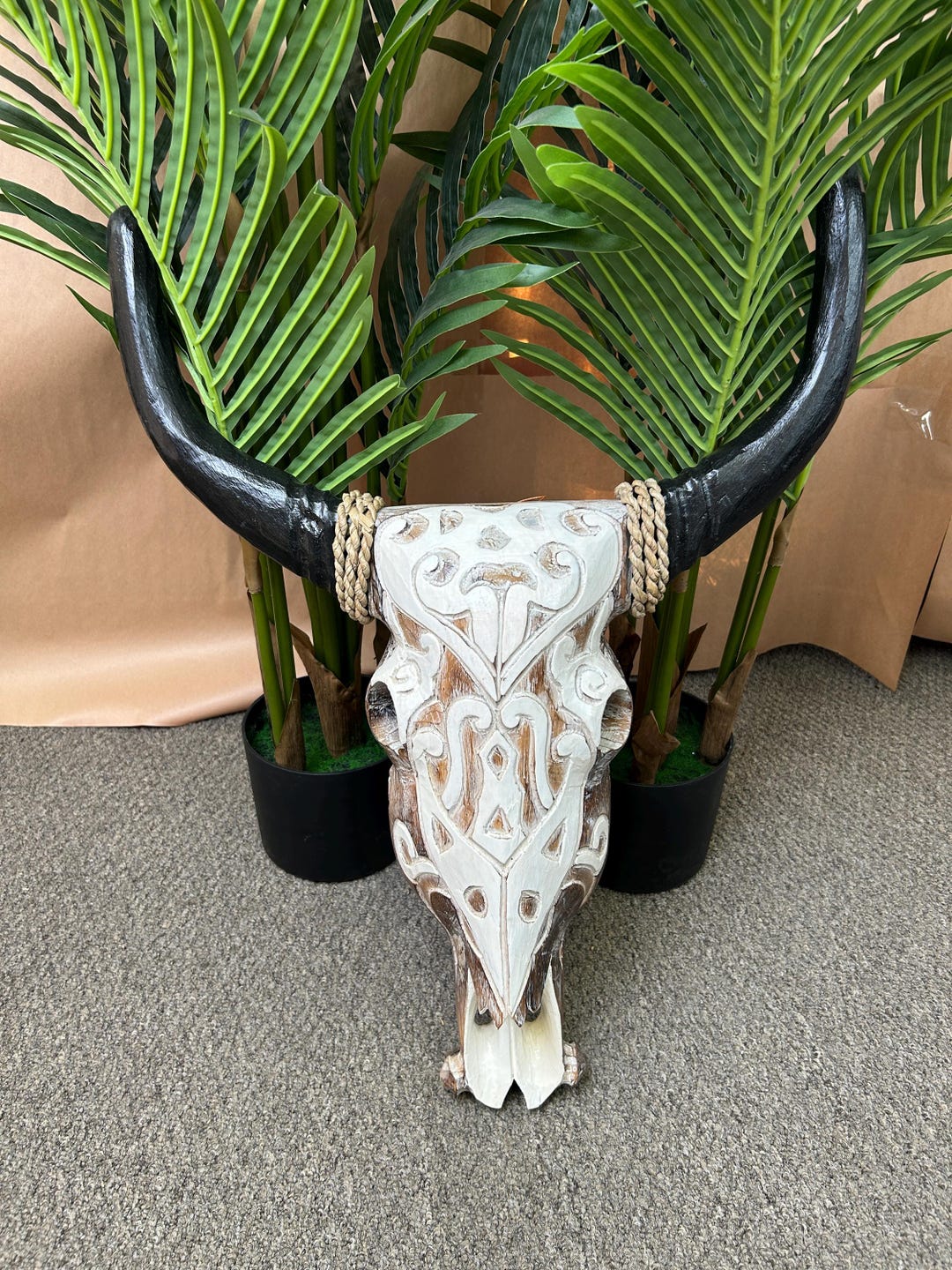 Hand Carved Wooden Cow Skull | Rustic Western Farmhouse Decor ...