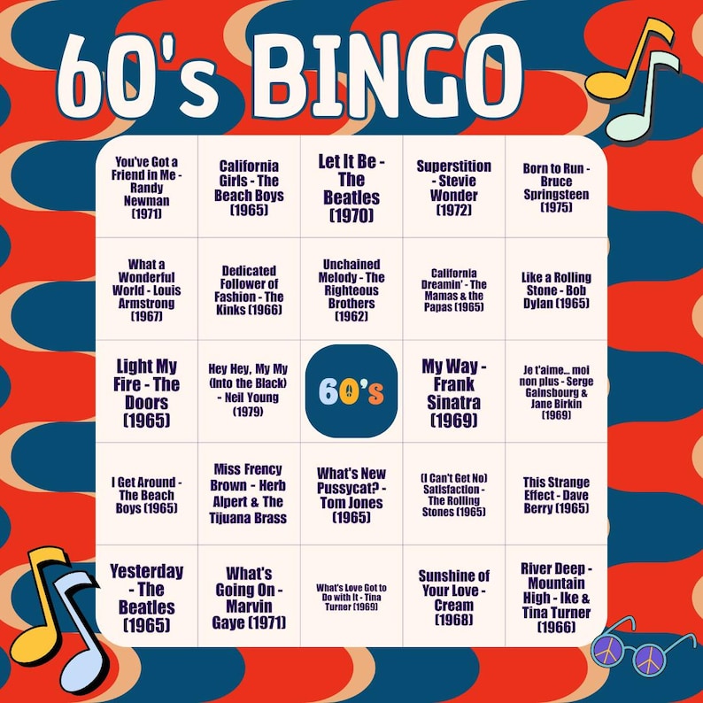 Music Bingo: the 60s | 50 Card Set (digital Download) | Includes Link ...