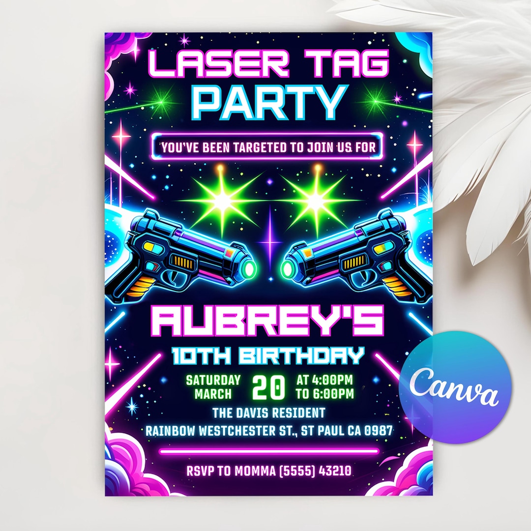 Laser Tag Birthday Invitation, Laser Tag Party Invite, Neon Glow ...