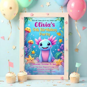 Axolotl Birthday Invitation, Cute Pink Girl Axolotls Invite, Axolotls ...