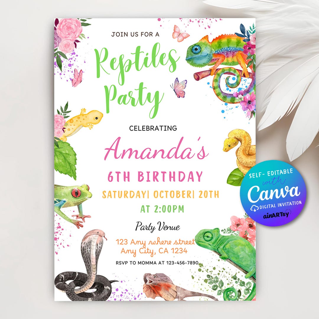 Girl Reptiles Birthday Party Invitation, Pink Reptile Birthday Girl ...