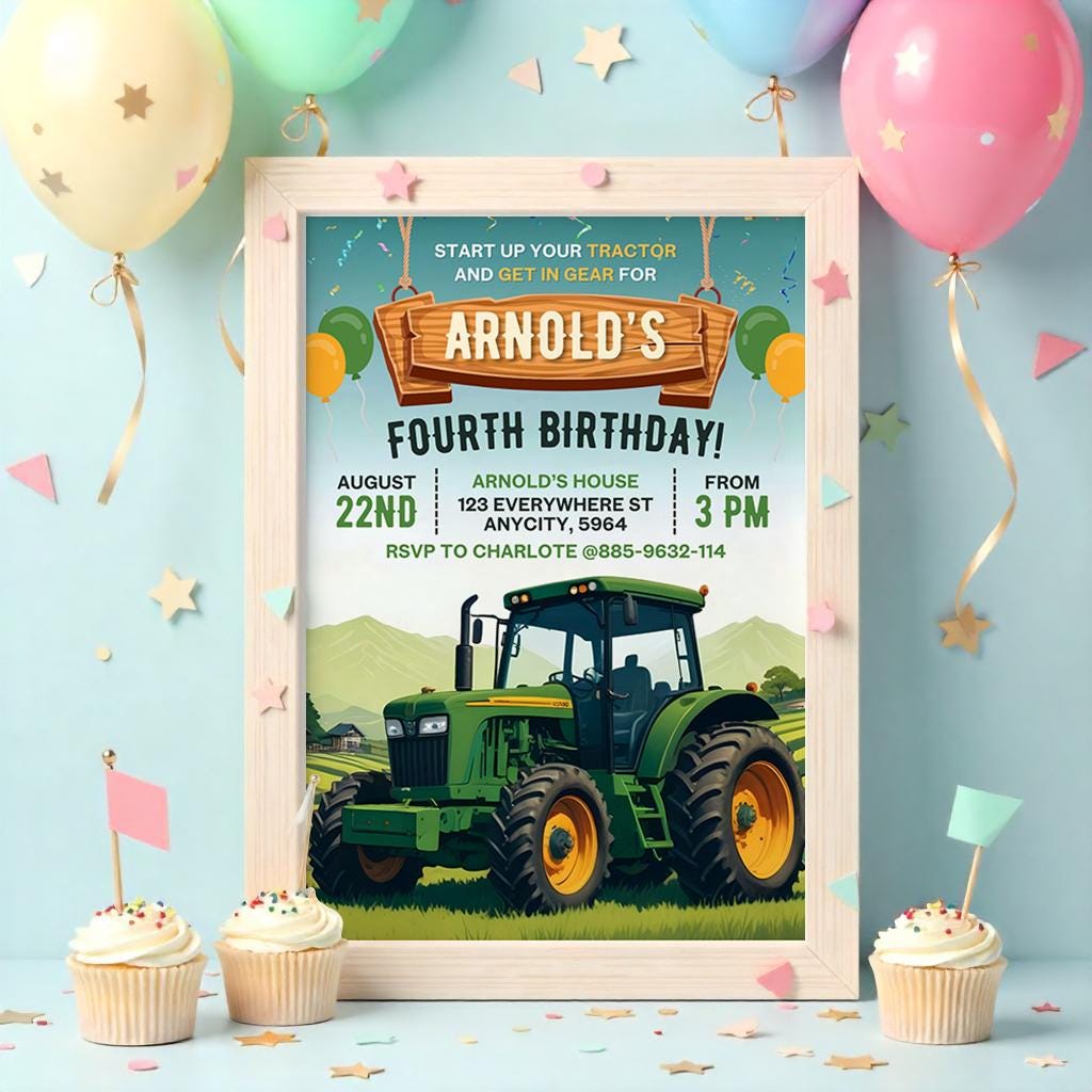 Editable Tractor Invitation, Tractor Birthday Invites, Green Tractor ...