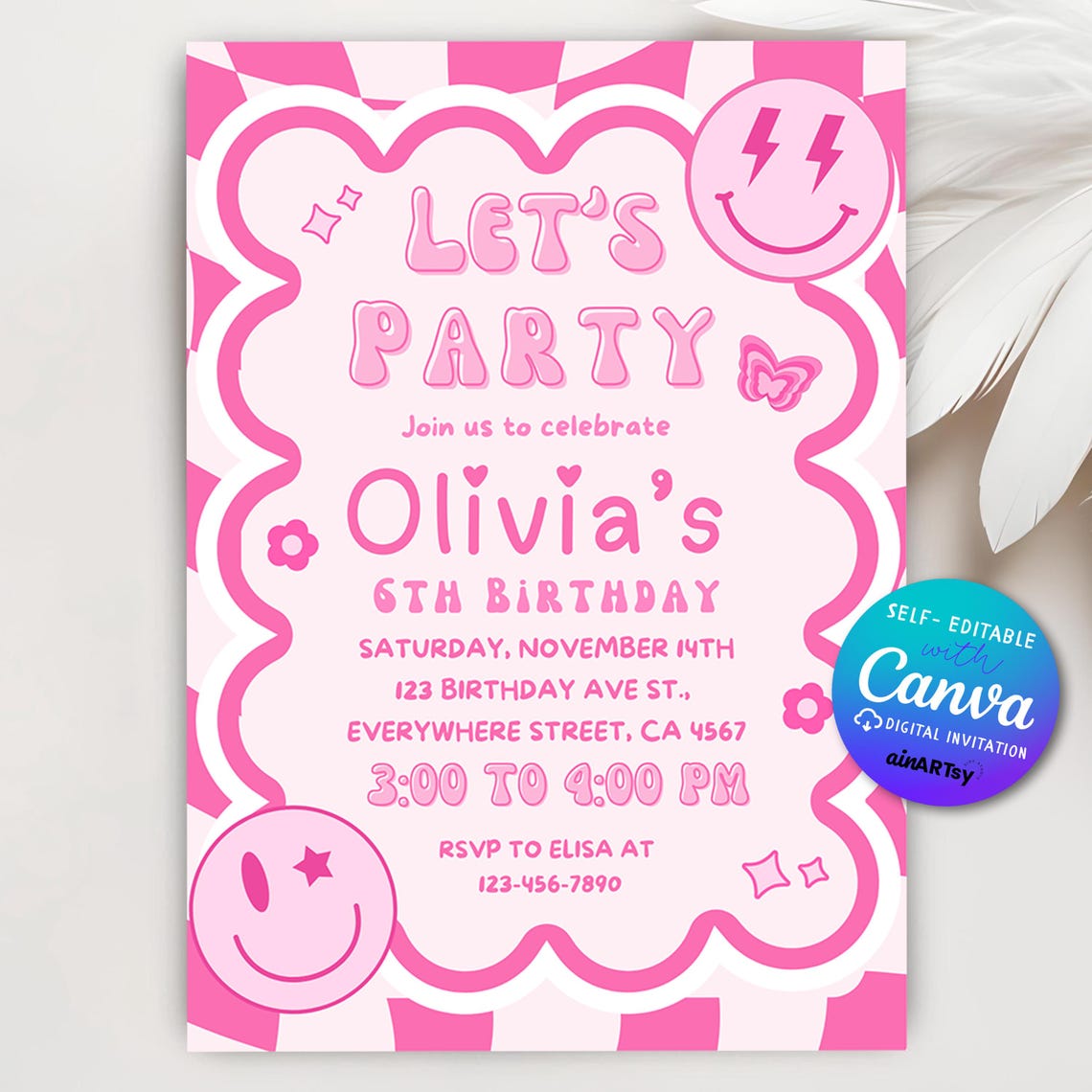 Editable Pink Retro Smiley Invitation, Teen Girl Birthday Invite ...