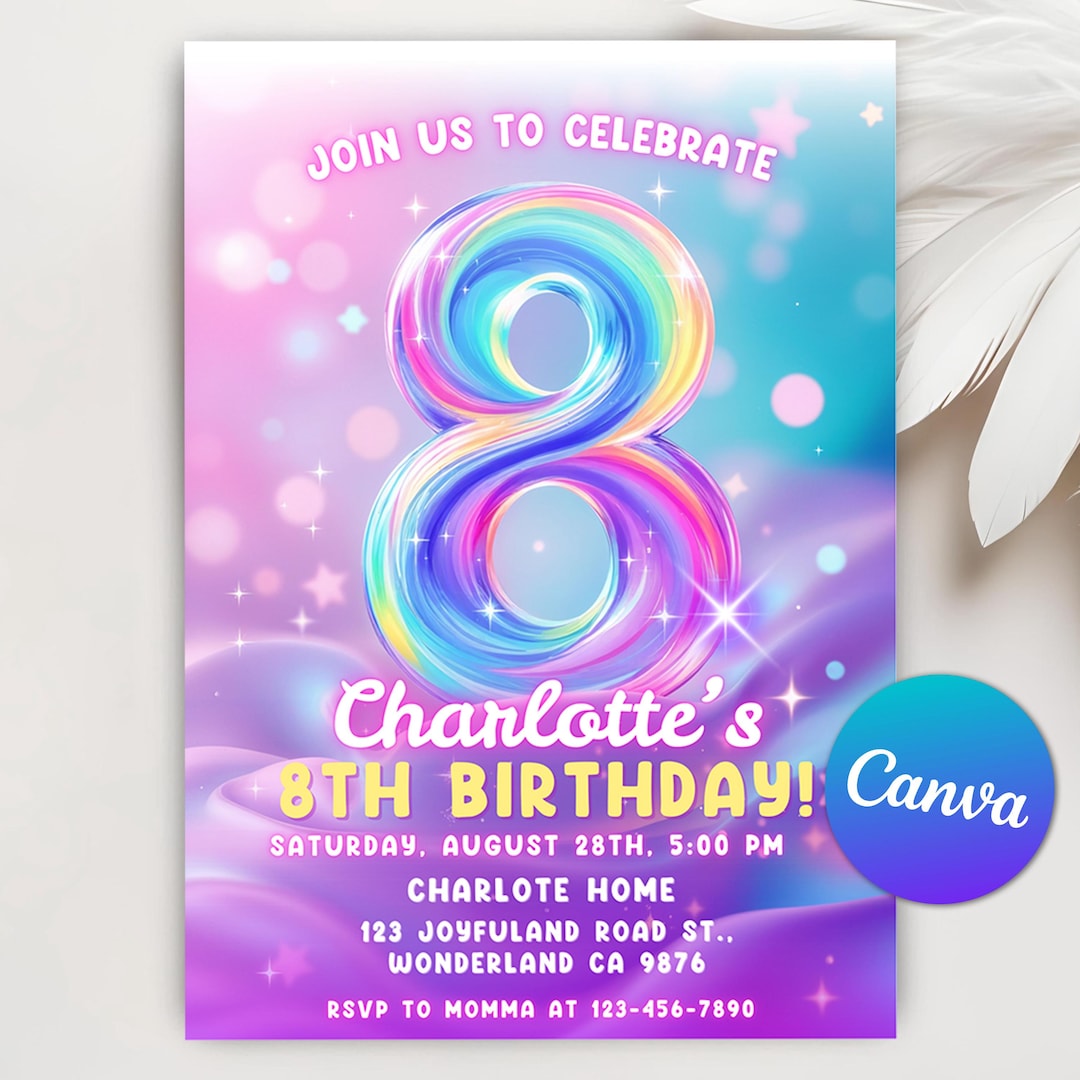 Pink 8th Birthday Invitation, Glitter Birthday Party, Rainbow Foil Girl ...