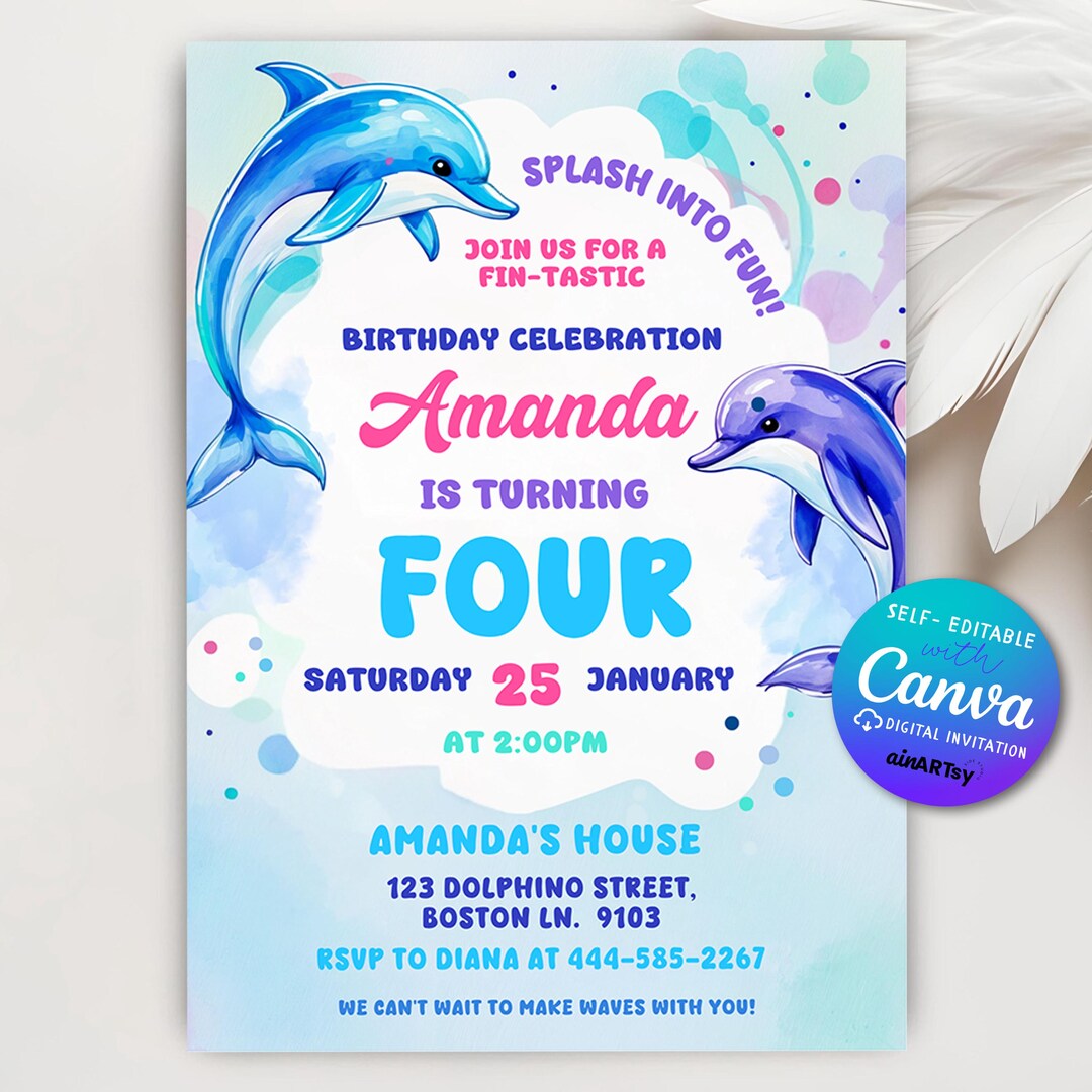 Dolphin Birthday Party Invitation, Rainbow Dolphin Party Under the Sea ...