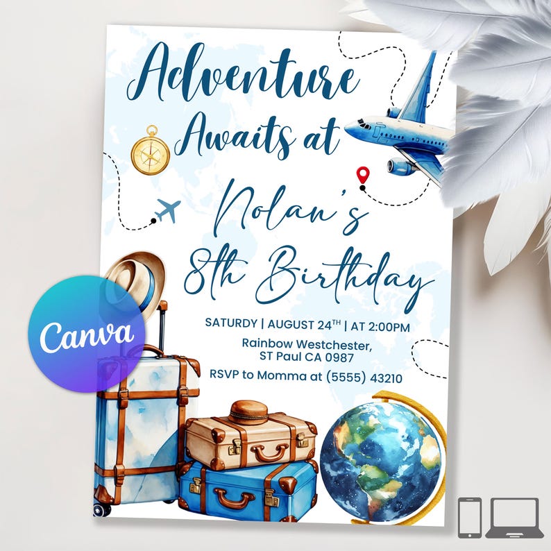 Awaits Travel Birthday Party Invitation, Around the World Vintage Map ...