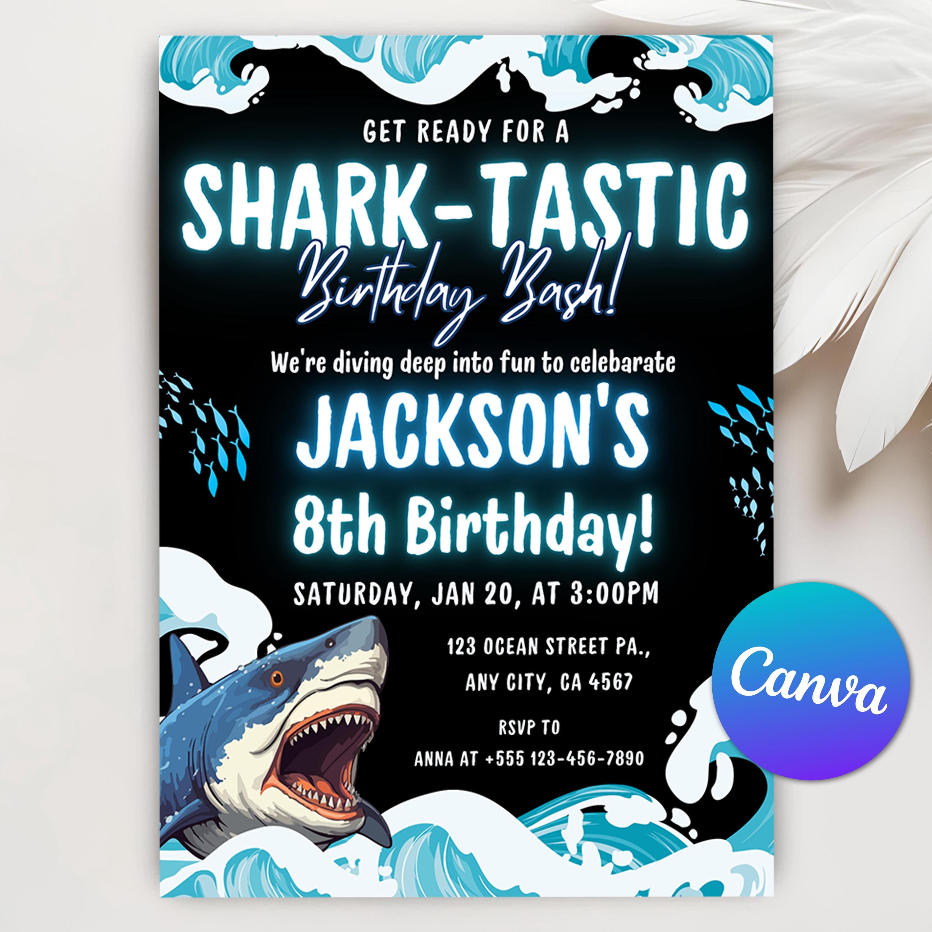 Editable Shark Birthday Invitation, Shark Invitation, Shark Birthday ...