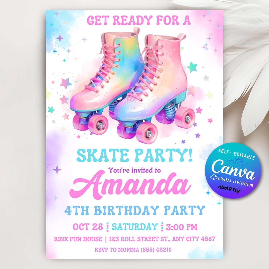 Roller Skating Birthday Invitation, Girl Roller Skating Invitation ...