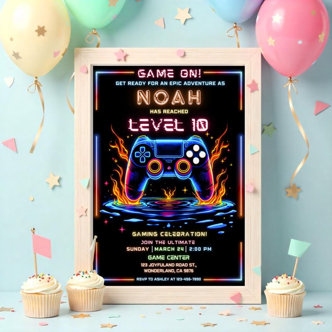 Editable Video Game Birthday Invitation, Neon Game Level UP Birthday ...
